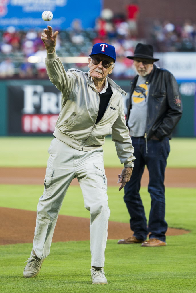 Stan Lee throws first pitch at Rangers game. Claims the Rangers his new ...